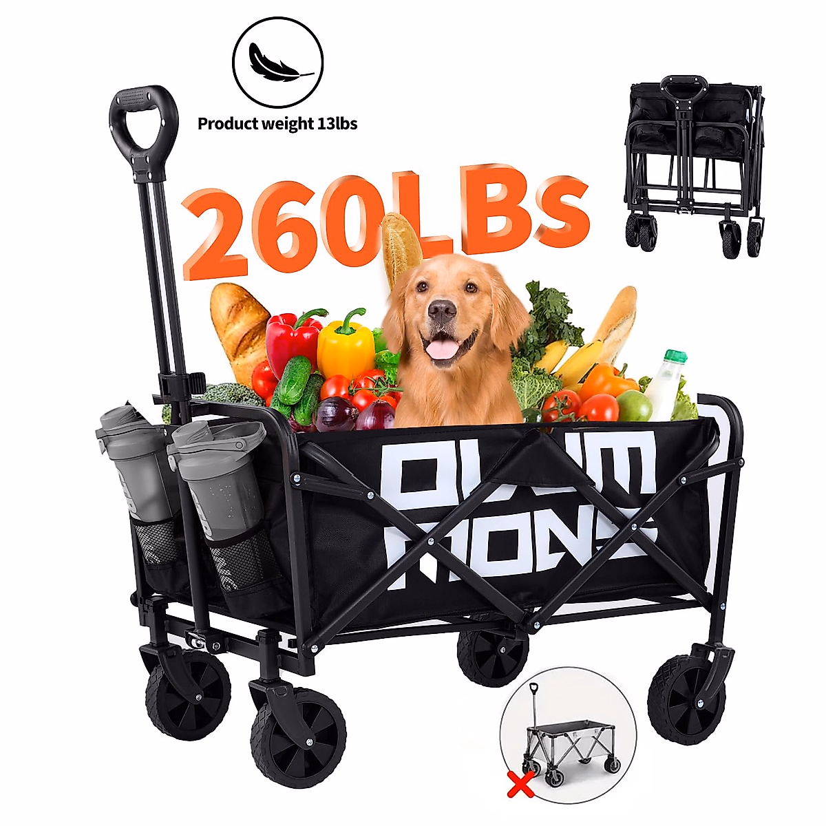 Olymmons Collapsible Folding Wagon Carts 260lbs Weight Capacity Heavy Duty Foldable Utility Wagon Cart with All Terrain Wheels for Camping,Shopping,Grocery,Beach,Garden