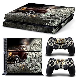 ZOOMHITSKINS Compatible for PS 4, Mafia Crime Money Cash American Gangster Gun Fire Vintage, Durable & Fit Vinyl, Made in The USA