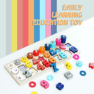QZMTOY Wooden Montessori Toys for Kids, Toddler Number Puzzles Sorter Counting Shape Stacker Stacking Game Preschool Toys for Boy Girl Learning Education Math Blocks Chunky Puzzles Gift for Toddlers