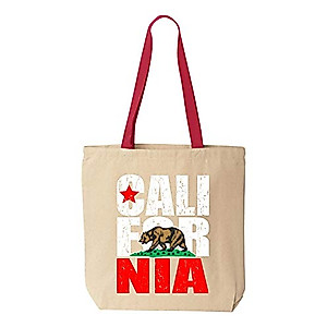 shop4ever California Bear Flag Vintage Cotton Canvas Tote Reusable Shopping Bag 10 oz Natural - Red 1 Pack Colored Handle