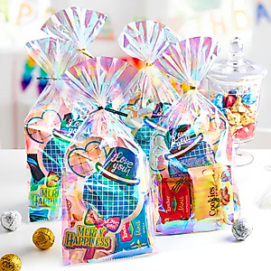 Ohuimrt Iridescent Cellophane Treat Bags, 5 x 11 Inches Plastic Holographic Goodie Bags, 100 PCS Party Favor Bags with 100 PCS Ties for Candies, Snacks, Small Gifts