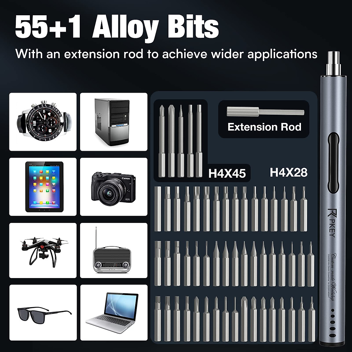 PKEY Cordless Electric Screwdriver，Electric Screwdriver Kit with 55 Magnetic Precision Bits ，2 Torque Settings，3 LED Light, Ideal For Computer, Bookcase, Bicycle，Watch