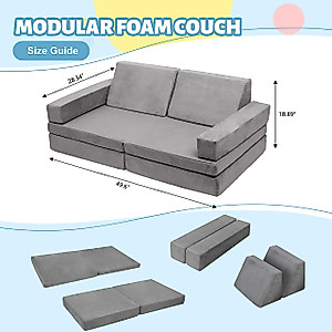 Xilingol Kids Play Couch, 8Pcs Convertible Sofa for Creativity & Imagination，Child Sectional Sofa, Foam Kids Modular Couch, 50”x28.5"x19", Grey