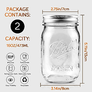 Showvigor 2 Pack Wide Mouth Mason Jars 16oz Glass Canning Jars with Airtight Lids for Preserving, Jam, Honey, Jelly, Wedding Favors, Sauces, Meal Prep, Overnight Oats, Salad, Yogurt