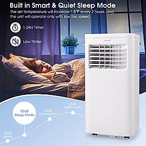 COSTWAY Portable Air Conditioner, 8000 BTU AC Unit with Built-in Dehumidifier, Fan Mode, Sleep Mode, 24H Timer, Remote Control, Window Installation Kit & Remote Control, Cools up to 250 Sq. Ft