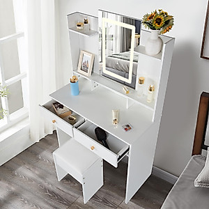 Jarbalai White Makeup Vanity with Mirror and Lights, Large Vanity Set with Cushioned Stool and Drawers, Modern Dressing Table Vanity Desk for Bedroom