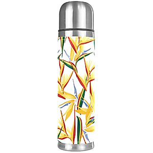 Stainless Steel Leather Vacuum Insulated Mug Tropical Flowers Thermos Water Bottle for Hot and Cold Drinks Kids Adults 16 Oz