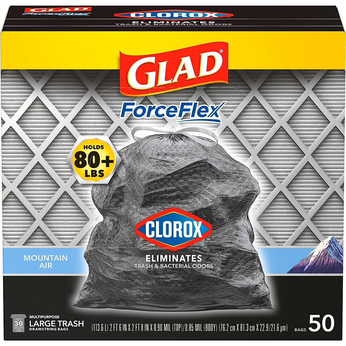 GLAD ForceFlex Large Drawstring Trash Bags, 30 Gallon Black Trash Bags for Large Kitchen Trash Can, Mountain Air Scent to Eliminate Odors, 50 Count (Package May Vary)