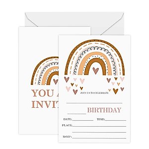 JJOINUS Birthday Party Invitations for Girls Kids, Boho Brown Rainbow Invites With Envelopes, 20 Pieces of Fill-in Blank Invitation Card Kit