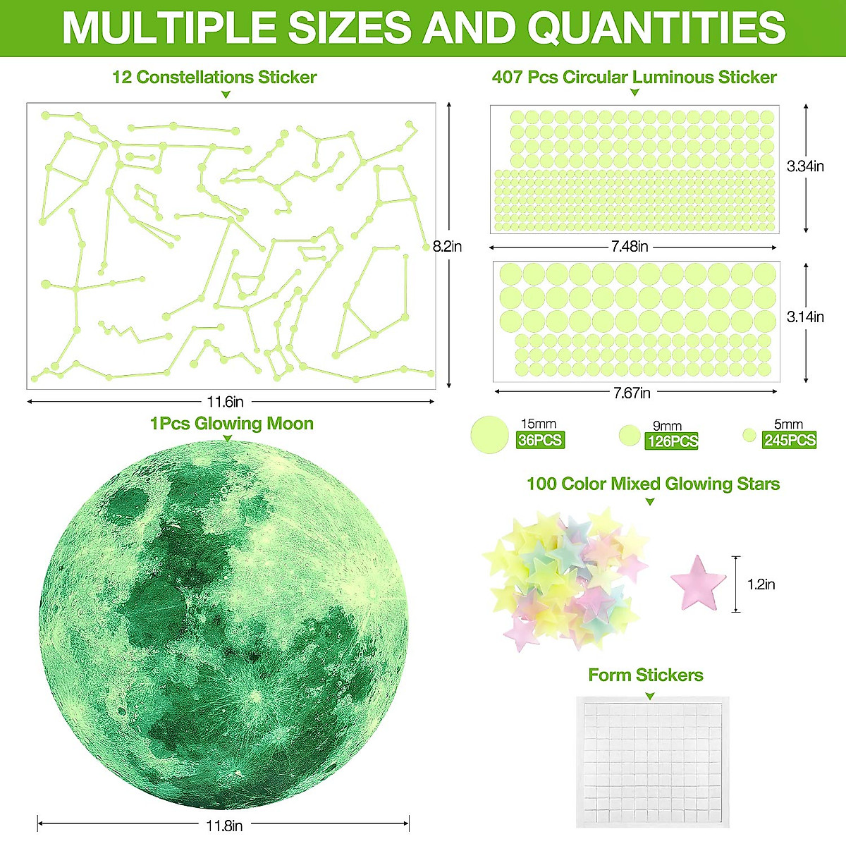 Glow in The Dark Stars for Ceiling, 100 Adhesive Bright, Realistic Glowing Ceiling Stars and a Full Moon for Starry Sky, 12 Constellations, and 407 Dots, Wall Stickers Perfect for Kids Room Decor