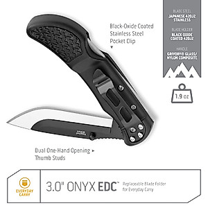 OUTDOOR EDGE 3.0" Onyx EDC - Replaceable Blade Folding Pocket Knife with Dual Thumb Opener and Pocket Clip with 3 Blades