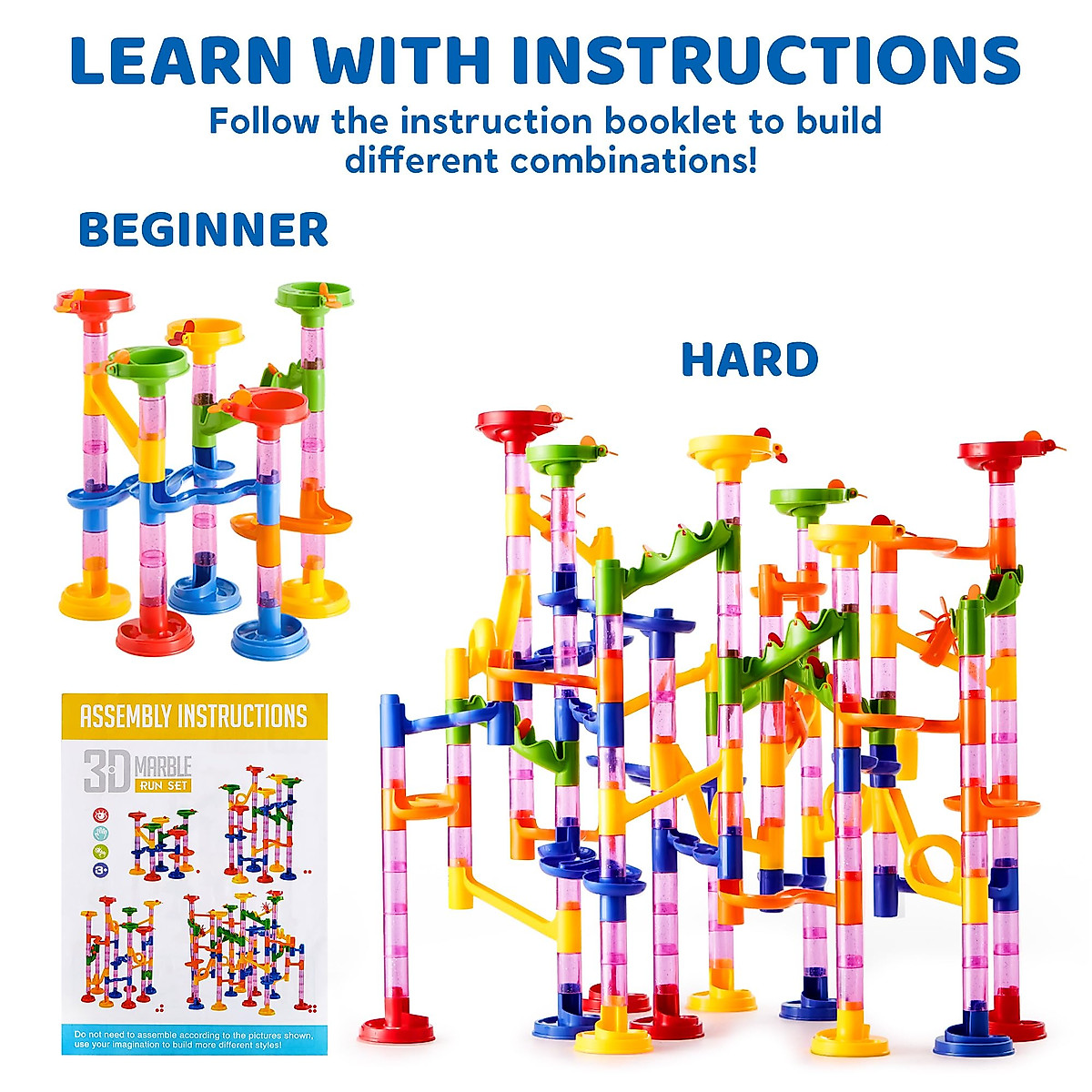 JOYIN Marble Run Premium Set（196 Pcs- Construction Building Blocks Toys, STEM Educational Toy, Building Block Toy(156 Translucent Plastic Pieces+ 40 Glass Marbles)