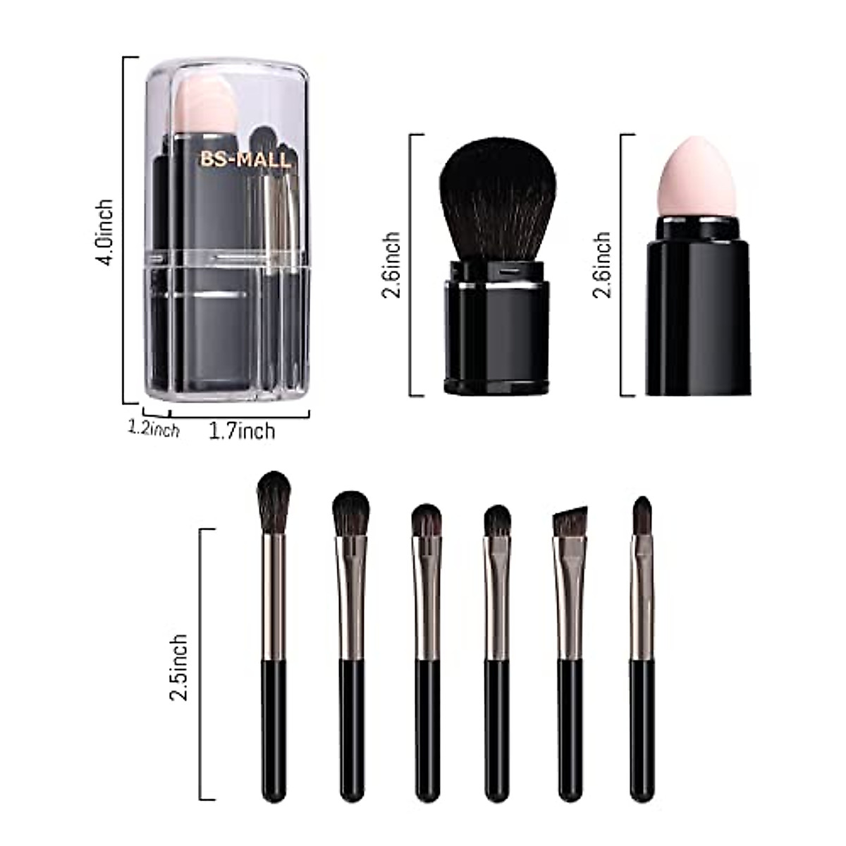 BS-MALL Makeup Brush Set Travel Premium Synthetic Foundation Powder Concealers Eye shadows Blush Makeup Brushes Purse Size With Case (Black)