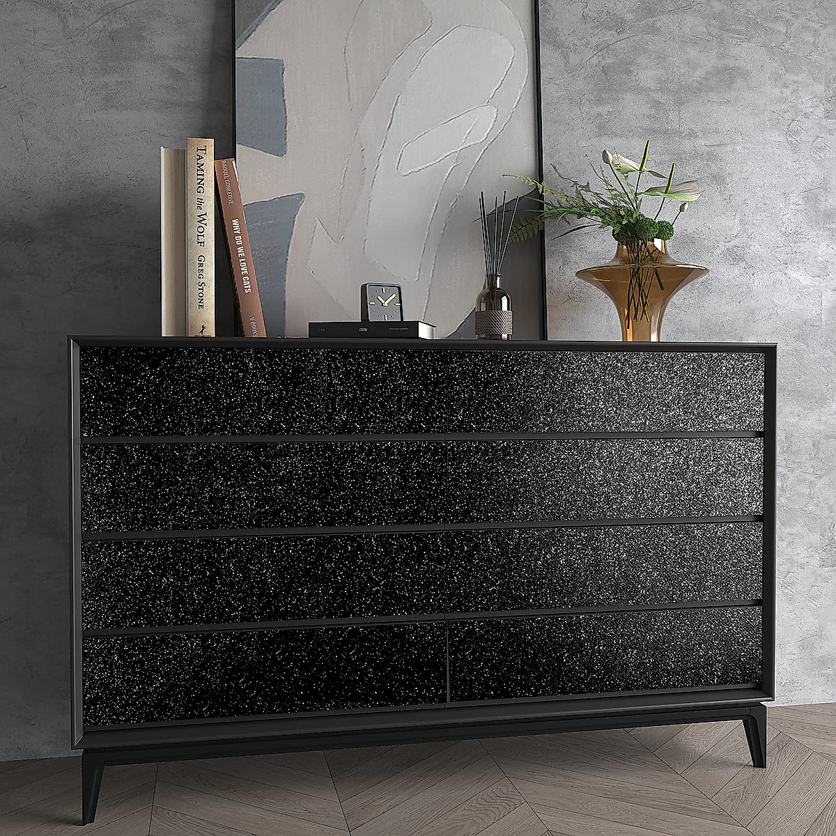 VEELIKE Black Glitter Wallpaper 15.7''x118'' Peel and Stick Sparkly Glitter Black Contact Paper Decorative Self Adhesive Removable Glitter Fabric Wall Paper Roll for Bedroom Wall Decor Cabinets