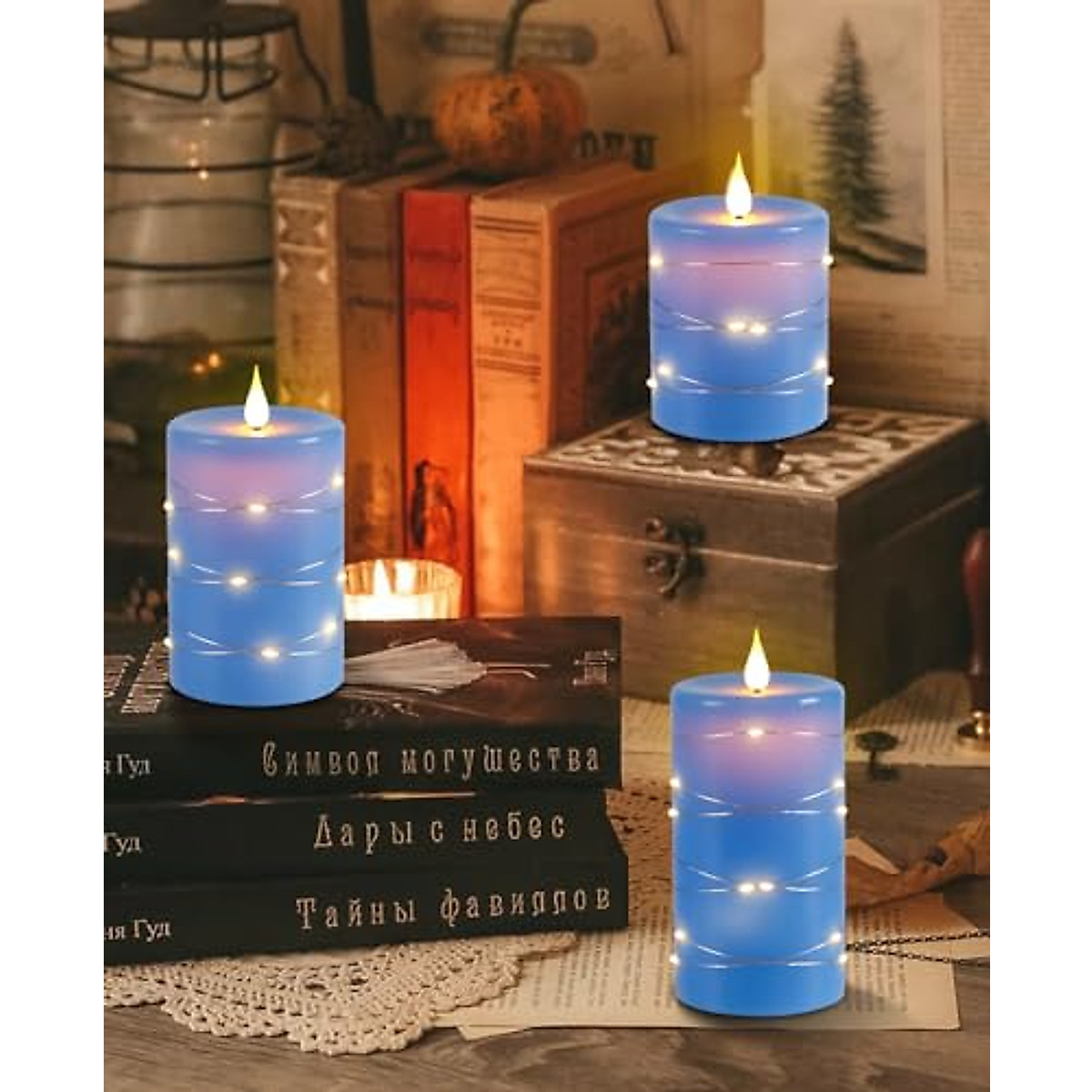 Upinmz Flameless Candle with String of Lights Battery Powered LED Candle Flashing Candle with Remote Control and Timer 3 Packs (Blue)