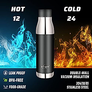 ZLINS Stainless Steel Vacuum Insulated 22oz Water Bottle Leak-Proof - Reusable Double Walled Metal Thermos - Sports Flask Great for Travel, Hiking, Camping (Black)