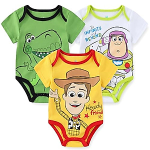 Disney Toy Story Woody, Buzz Lightyear and Rex Boys 3 Pack Bodysuit Creeper for Newborn and Infant