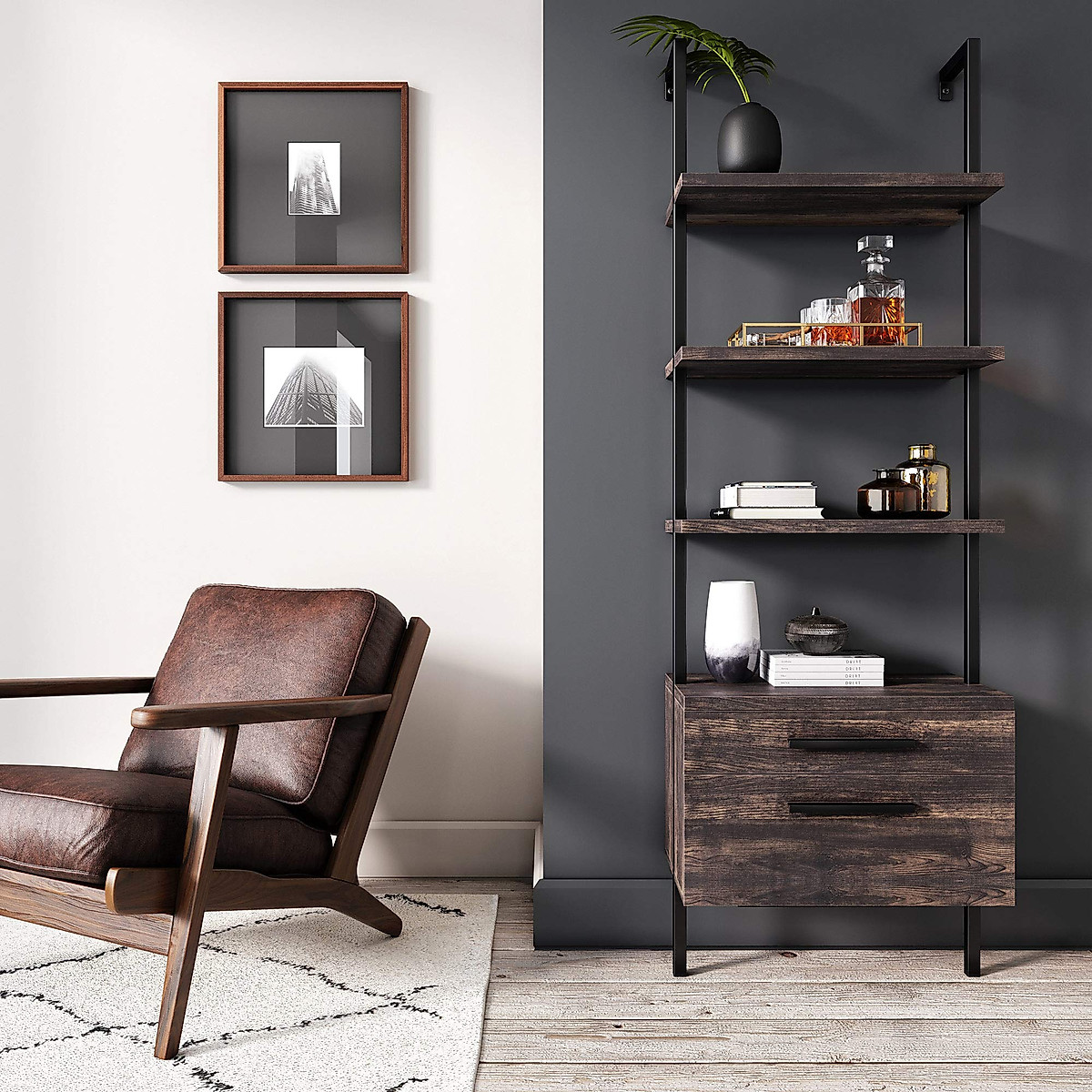 Nathan James Theo Industrial Bookshelf with Wood Drawers and Matte Steel Frame, 3-Shelf, Nutmeg/Black