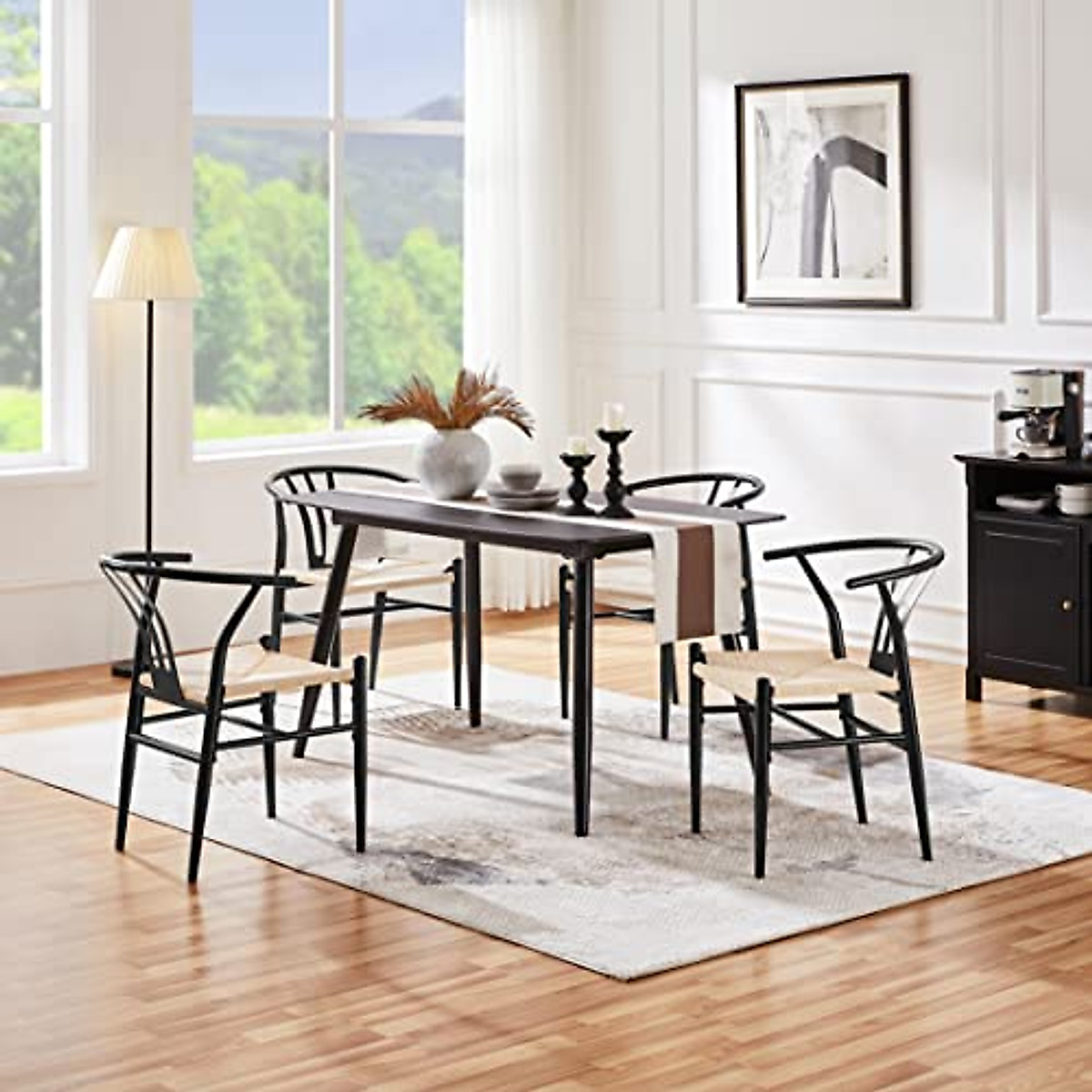 Yaheetech 2PCS Weave Chair Mid-Century Modern Dining Chair Rattan Chair Wishbone Dining Chair Armchairs Black Dining Chair Accent Chair for Kitchen, Dining, Living Room Side Chairs Hemp Seat, Black