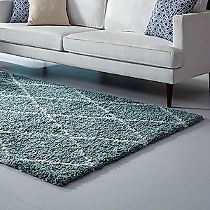 Modway Toryn Diamond Trellis 5x8 High Pile Shag Area Rug With Lattice Design In Aqua Blue and Ivory