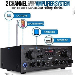 Pyle -Upgraded- 2 Channel Karaoke Home Audio Amplifier w/Bluetooth for Streaming, AUX-in, USB, 2 Microphone Input w/Echo Effect, Talkover for PA, Compact Footprint, Black