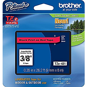 Brother Tze421 Tze Standard Adhesive Laminated Labeling Tape, 3/8-Inch W, Black On Red