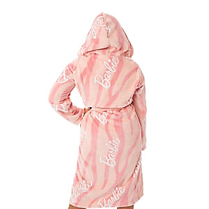 Barbie Womens Hooded Bathrobe | Ladies Pink All over Print Dressing Gown | Fashion Wave Print Fleece Loungewear Bathrobe