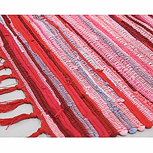 SERENITA Chindi Rug Reversible Rag Cotton Hand Woven Throw Area Rugs for Kitchen Bedroom Bathroom Livingroom Washable Stripe Red 22" x 36"