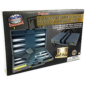 Matty's Toy Stop Deluxe 15" Backgammon Briefcase (Vinyl Gray Attache) with 3-in-1 Chess, Checkers & Backgammon Wooden Travel Games Set (8")