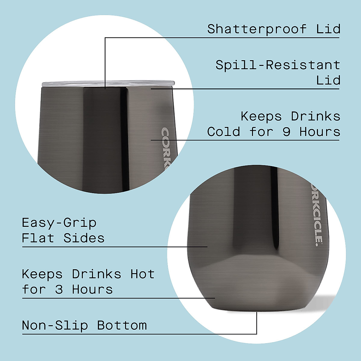 Corkcicle Stemless Glass, Stainless Steel, Triple Insulated (Gunmetal, 12oz/355ml)