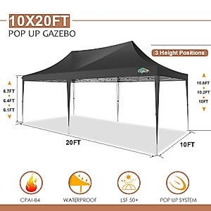 COBIZI 10x20 Canopy, Pop Up Canopy 10x20, Outdoor Wedding Party Tent, Commercial Tent, Waterproof Canopy Tent with 6 Sidewalls, All Season Outdoor Gazebos for Parties with Carry Bag, Event, Black