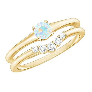 Certified Opal Diamond Wedding Ring Set, AAA Quality, Natural Rainbow Opal Engagement Ring with Enhancer, 14K Yellow Gold, Size:US 4.00