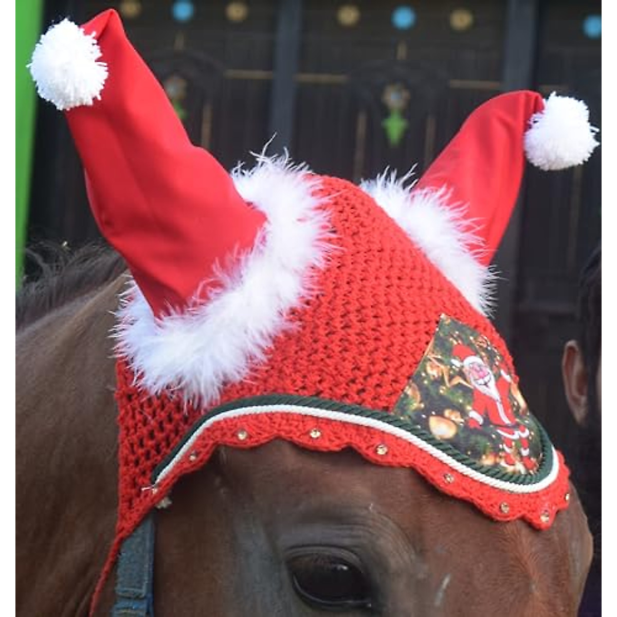 Santa Claus Christmas Horse Fly Bonnet Net Hat Hood Mask Fly Veil Full Hand Made Cotton (Horse/Full)