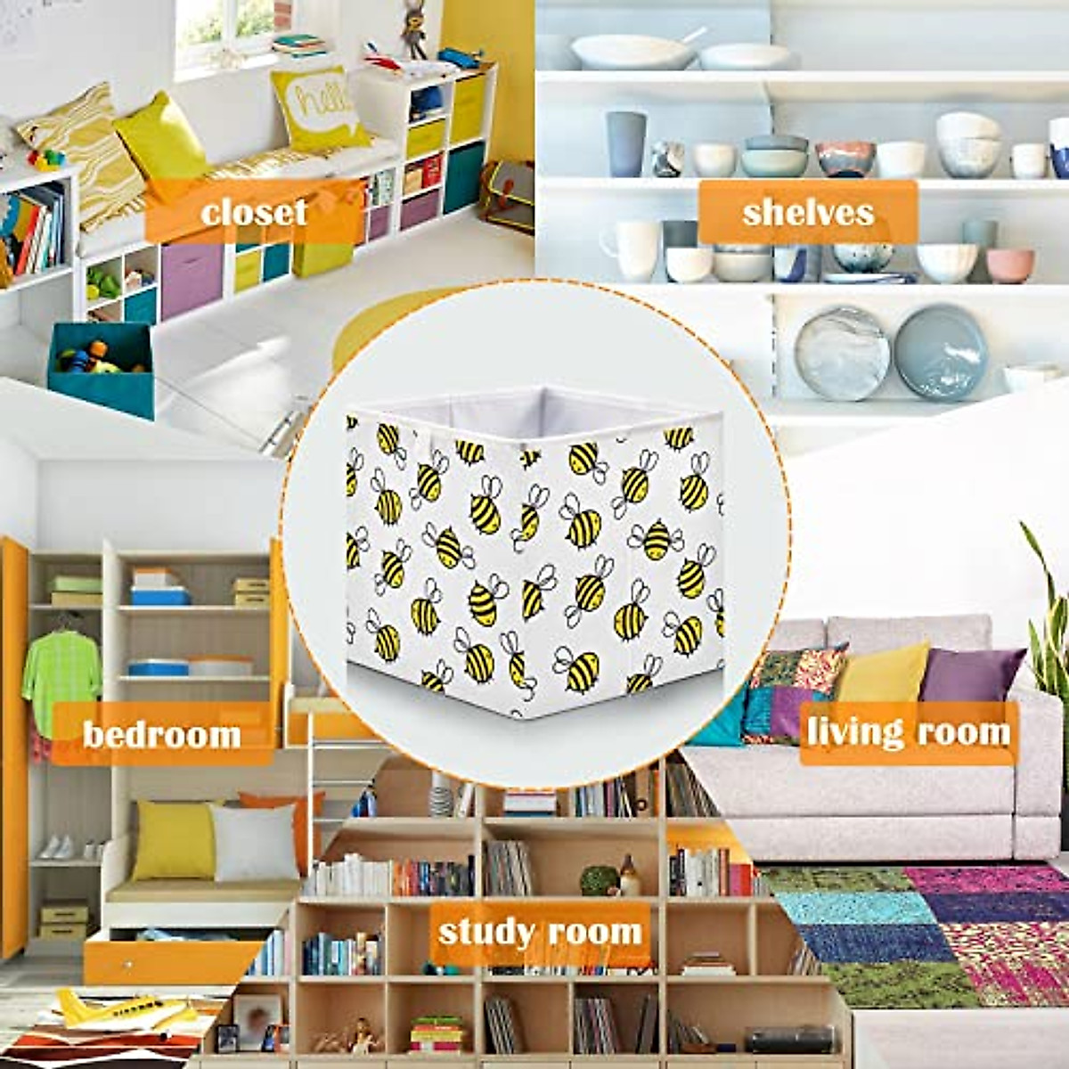 Kigai Flying Bumble Bees Storage Basket Cube Box Foldable Canvas Storage Basket for Clothes Storage,Toy Box,Home Storage