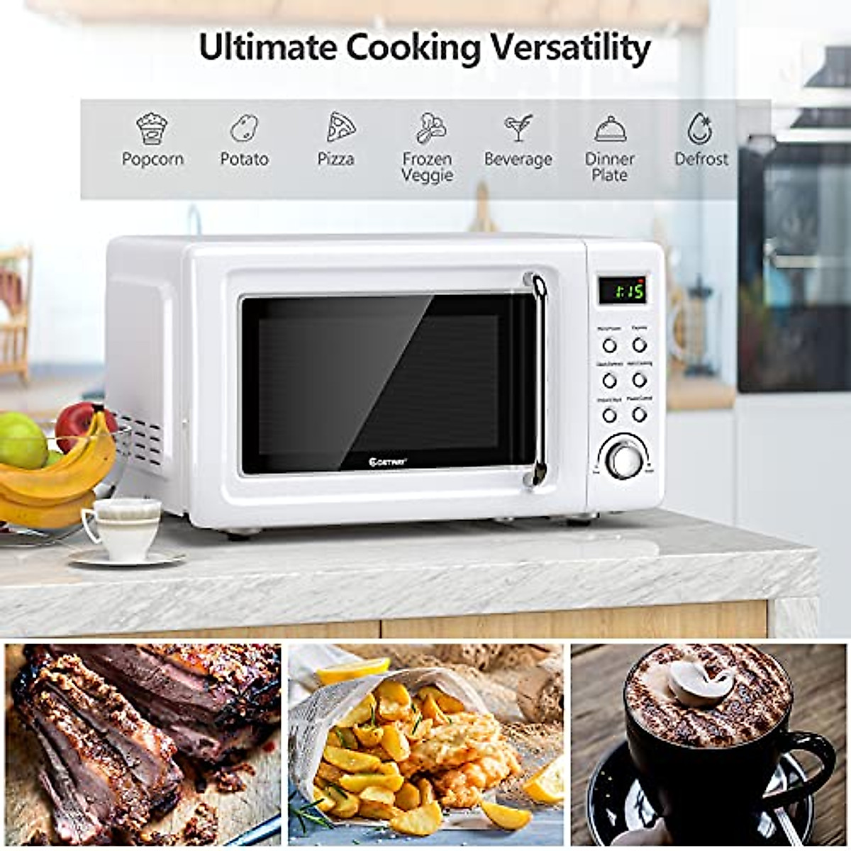 COSTWAY Retro Countertop Microwave Oven, 0.7Cu.ft, 700-Watt, High Energy Efficiency, 5 Micro Power, Delayed Start Function, with Glass Turntable & Viewing Window, LED Display, Child Lock (White)