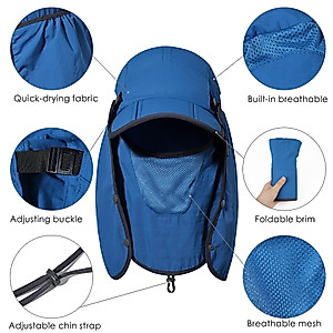 GADIEMKENSD Foldable Fishing Sun Hat with Neck Flap Face Cover UPF 50+ Sun Protection Quick Dry Baseball Cap Adjustment Covering Removable Legion Hat for Fishing Gardening Hiking Farming Blue