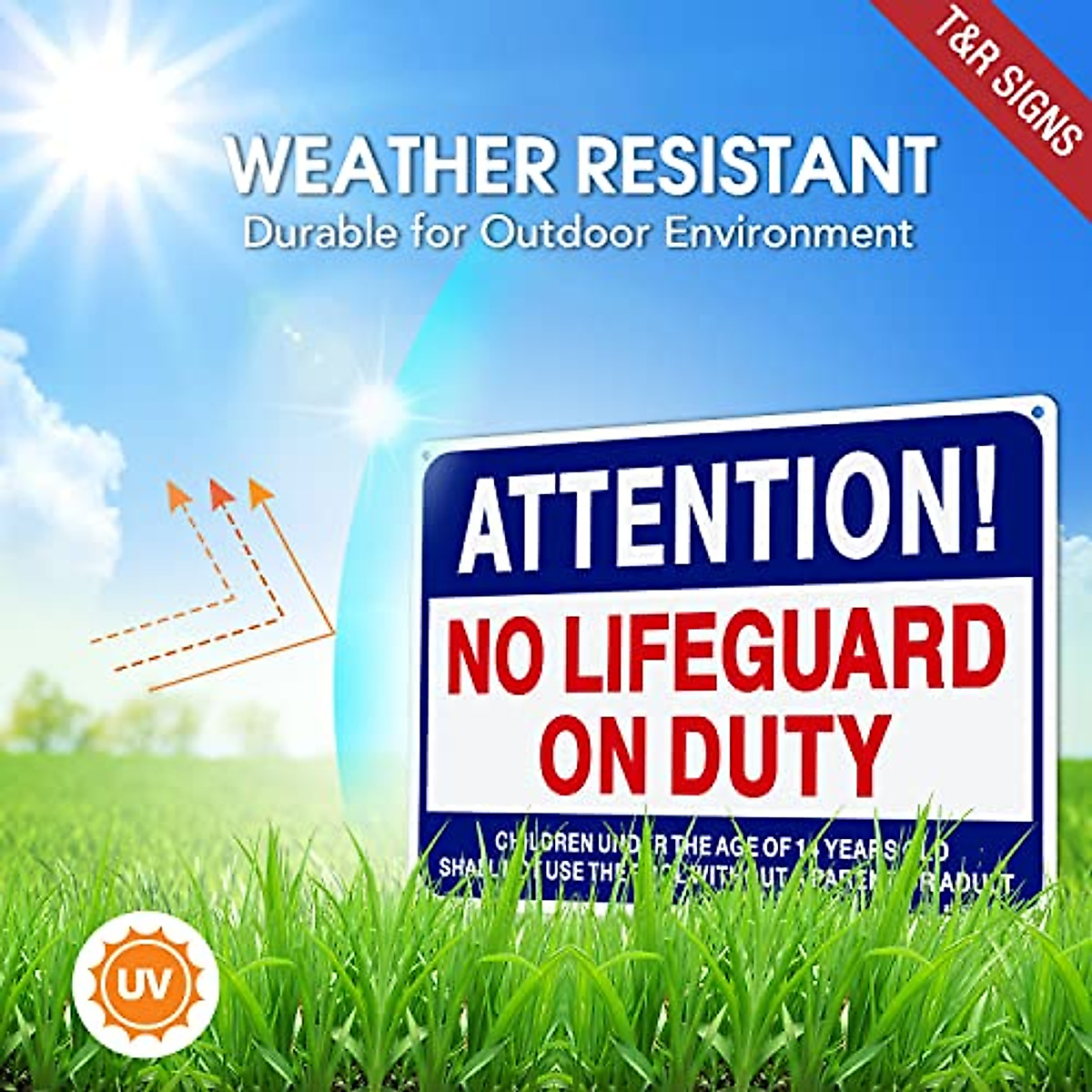 T&R No Lifeguard On Duty Sign, Pool Sign - 2 Pack - 14"x10" .040 Rust Free Heavy Aluminum, Reflective, Waterproof, Weatherproof and Fade Resistant, 4 pre-drilled holes, Easy to Mount