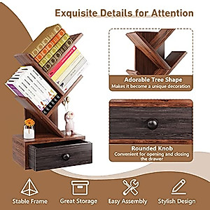 Giantex 5-Tier Tree Bookshelf with Drawer - Freestanding Retro Small Book Storage Rack for Small Place, Kids Room Wooden Decorative Bookcase with Storage for CDs, Magazines, Books, Brown