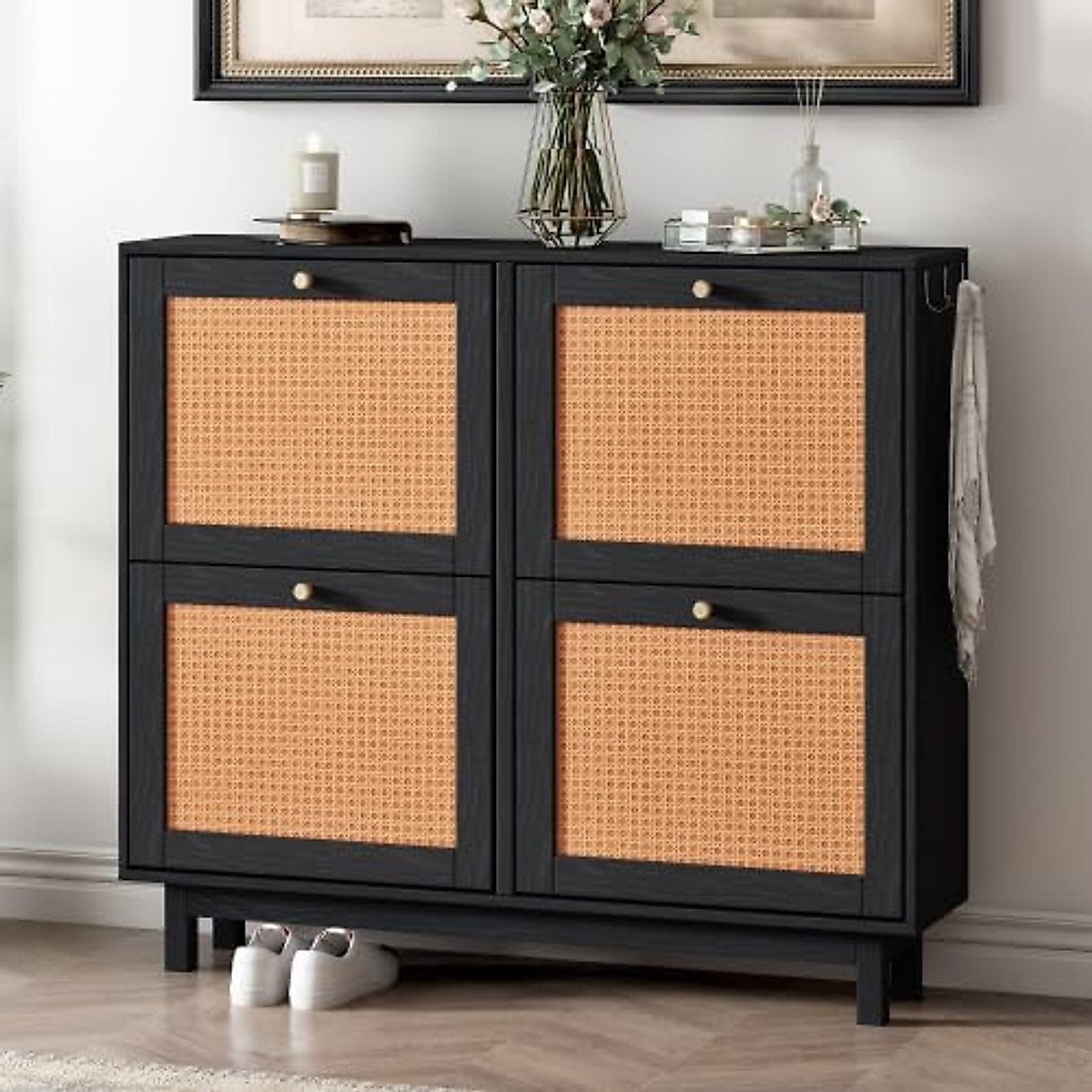 Wekity Rattan Boho Style Shoe Cabinet with 4 Flip Drawers, Modern 2-Tier Shoe Storage Organizer with Large Space, Free Standing Shoe Rack for Entrance Hallway (Black)