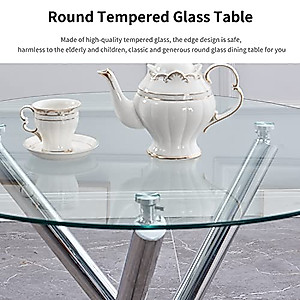 ROOIOME Round Glass Dining Table Set 3 Pieces Dining Table Chair Set for Home Kitchen Round Tripod Chrome Legs Table with 2 PU Chairs, Contemporary Dining Room Furniture Set for Small Space