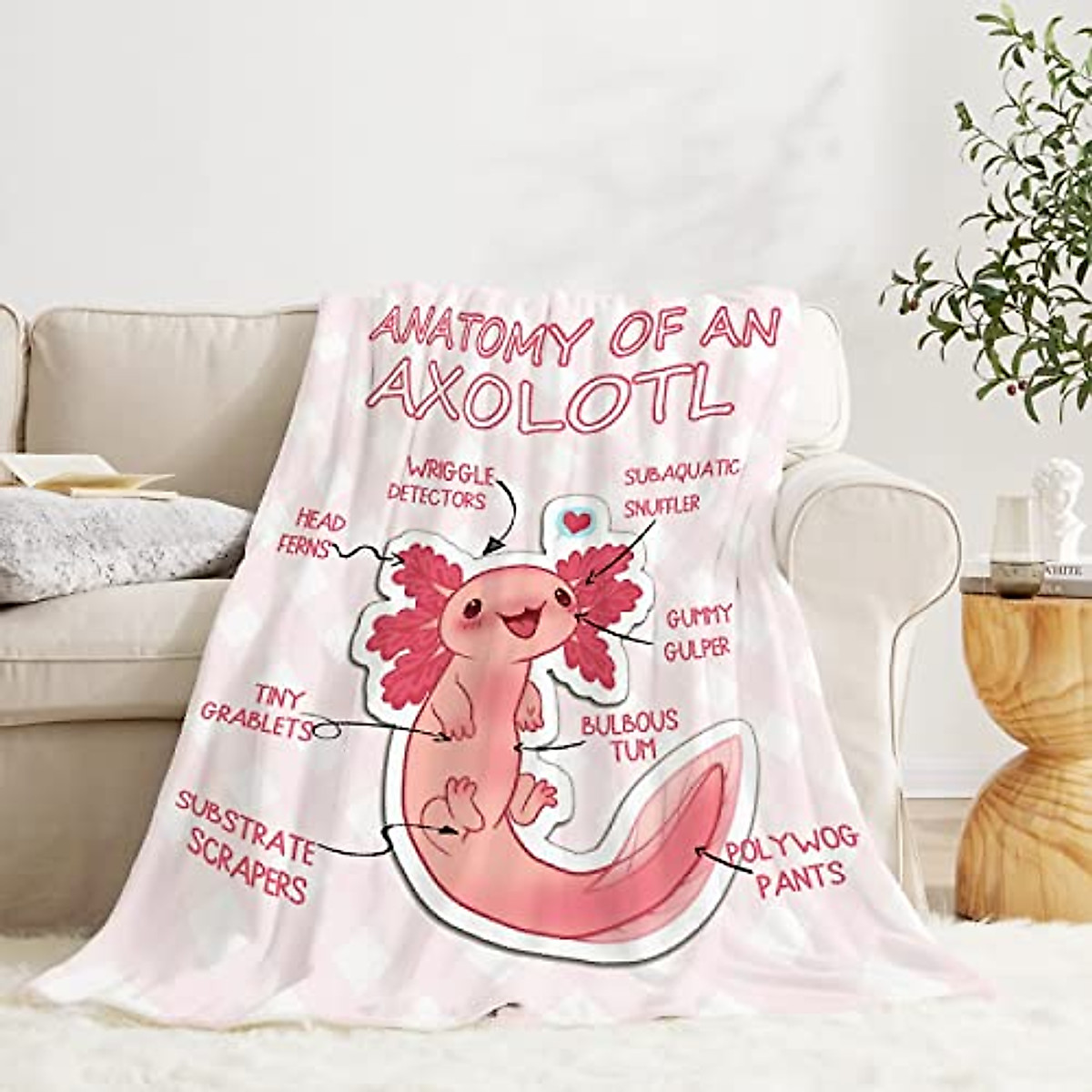 Anatomy of an Axolotl Blanket Throw, Mexican Salamander Flannel Fleece Blanket Perfect Axolotl Lover Gift, Lightweight Soft Animal Blanket Suit for Sofa Bed Couch Travel 40"x30" XS for Pet