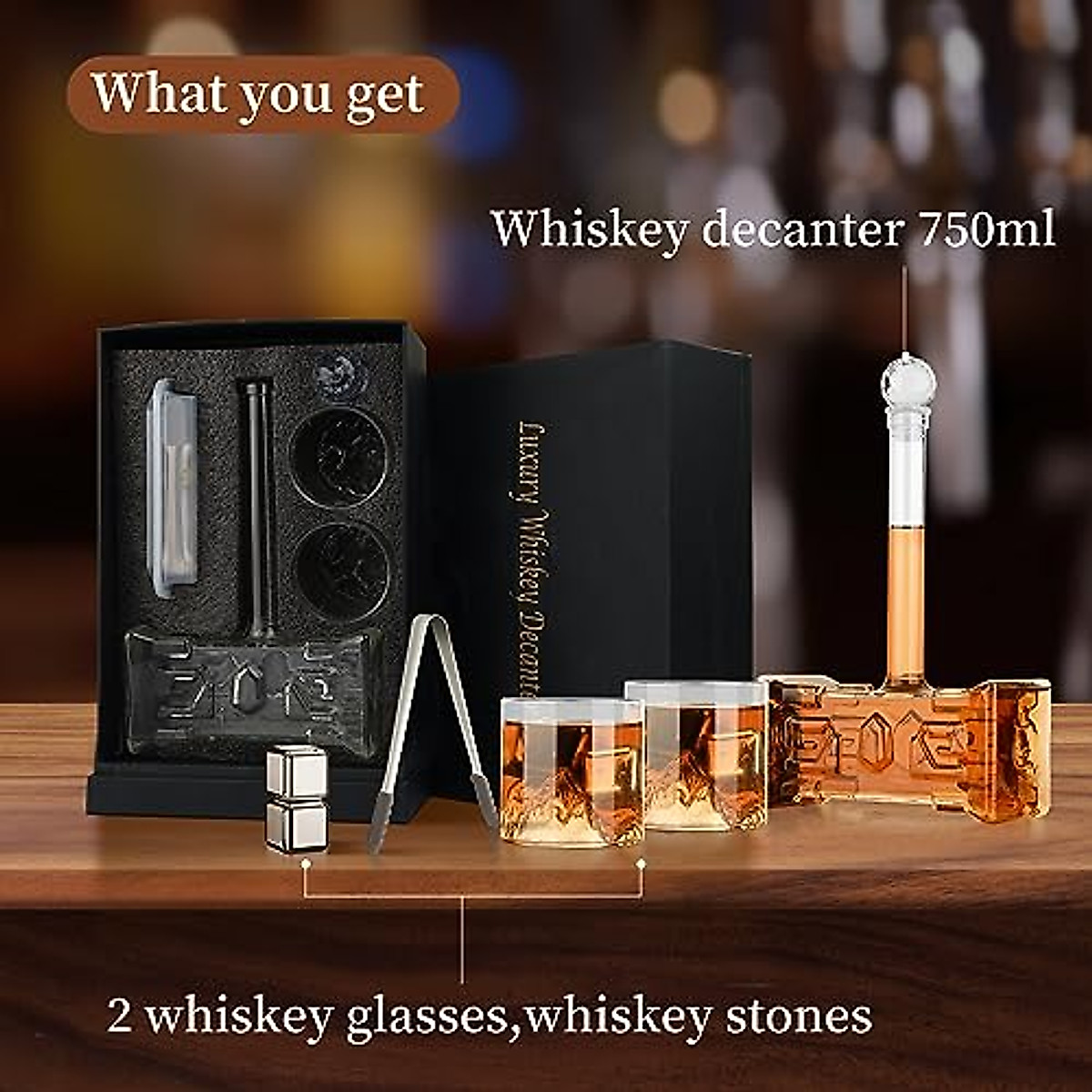 Swirbe Wine&Whiskey Decanter Set,750ml Hammer Decanter,2 Whiskey Glasses and 4 Ice stones,Wonderful Father Day Gift for Dad, Husband
