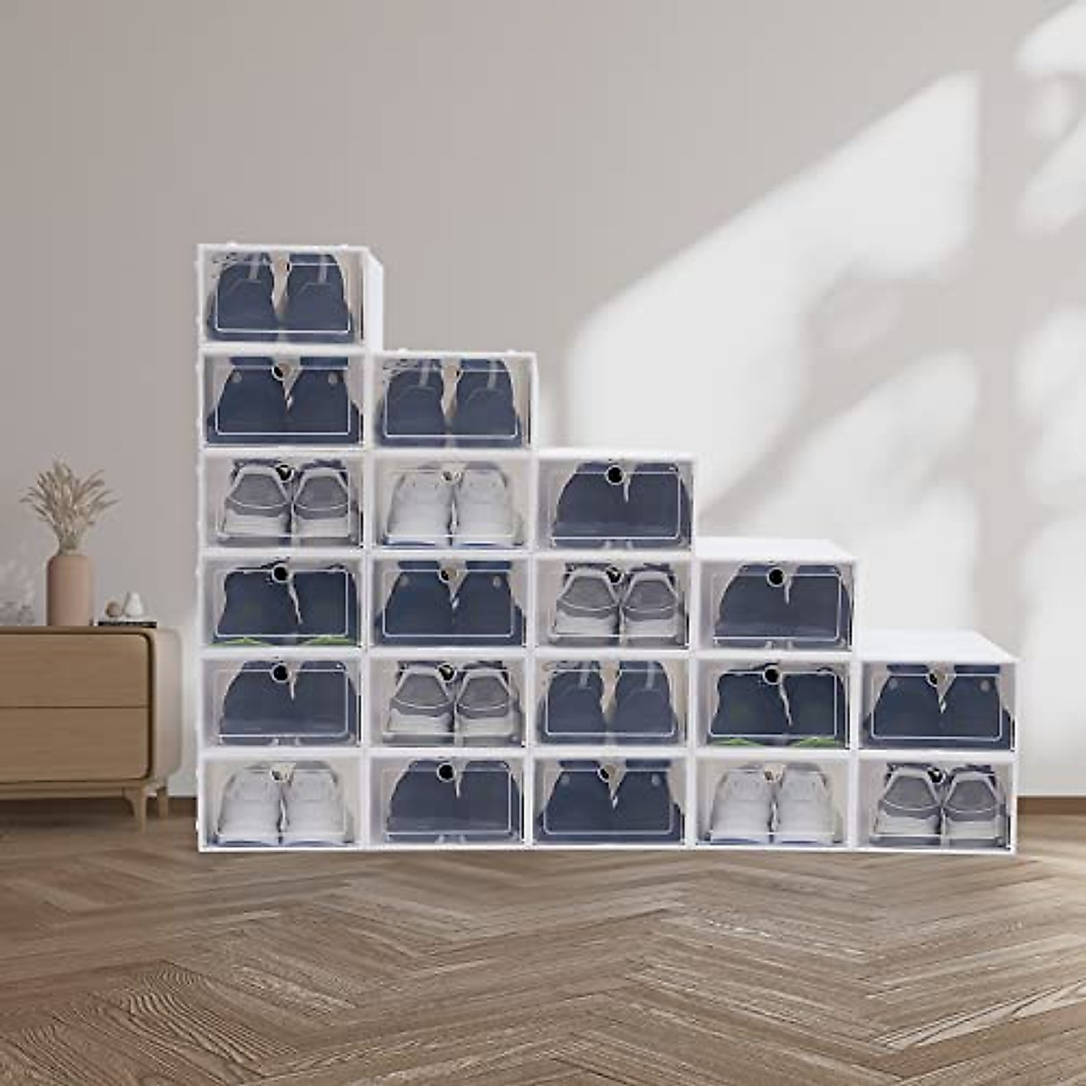 20/24pcs Shoe Storage Boxes Clear Stackable Front Open, Clear Plastic Clamshell Shoebox Foldable Shoe Organizer for Closet (Angel White Large Round Holes) (20pcs)