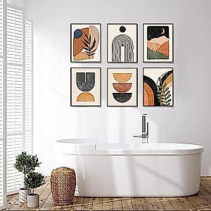 6pcs Frameless Abstract Geometric Canvas Painting Boho Mid-Century Modern Wall Art Minimalist Wall Art Black Beige Neutral Abstract Geometric Print Room Poster Suitable For Living Room Bathroom