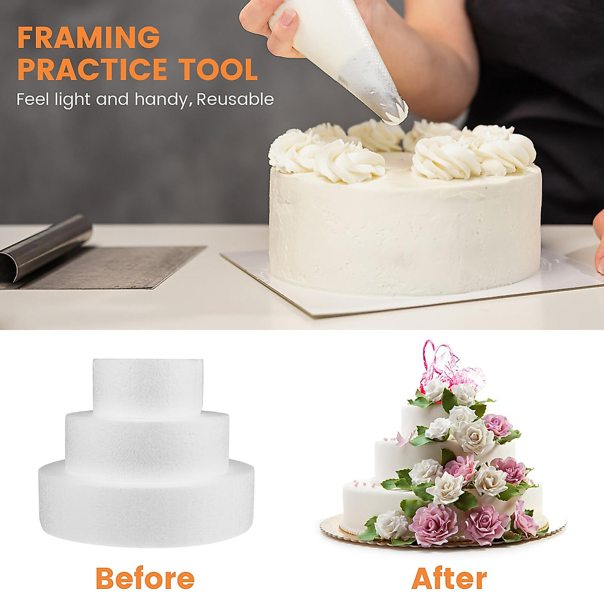 3PCS Round Foam Cake Set Fake Wedding Cake Round Cake Mini Cake for Wedding Display Window Fondant Cake Decorating Practice Mould Cake 3-Tier Cake Wedding Decor