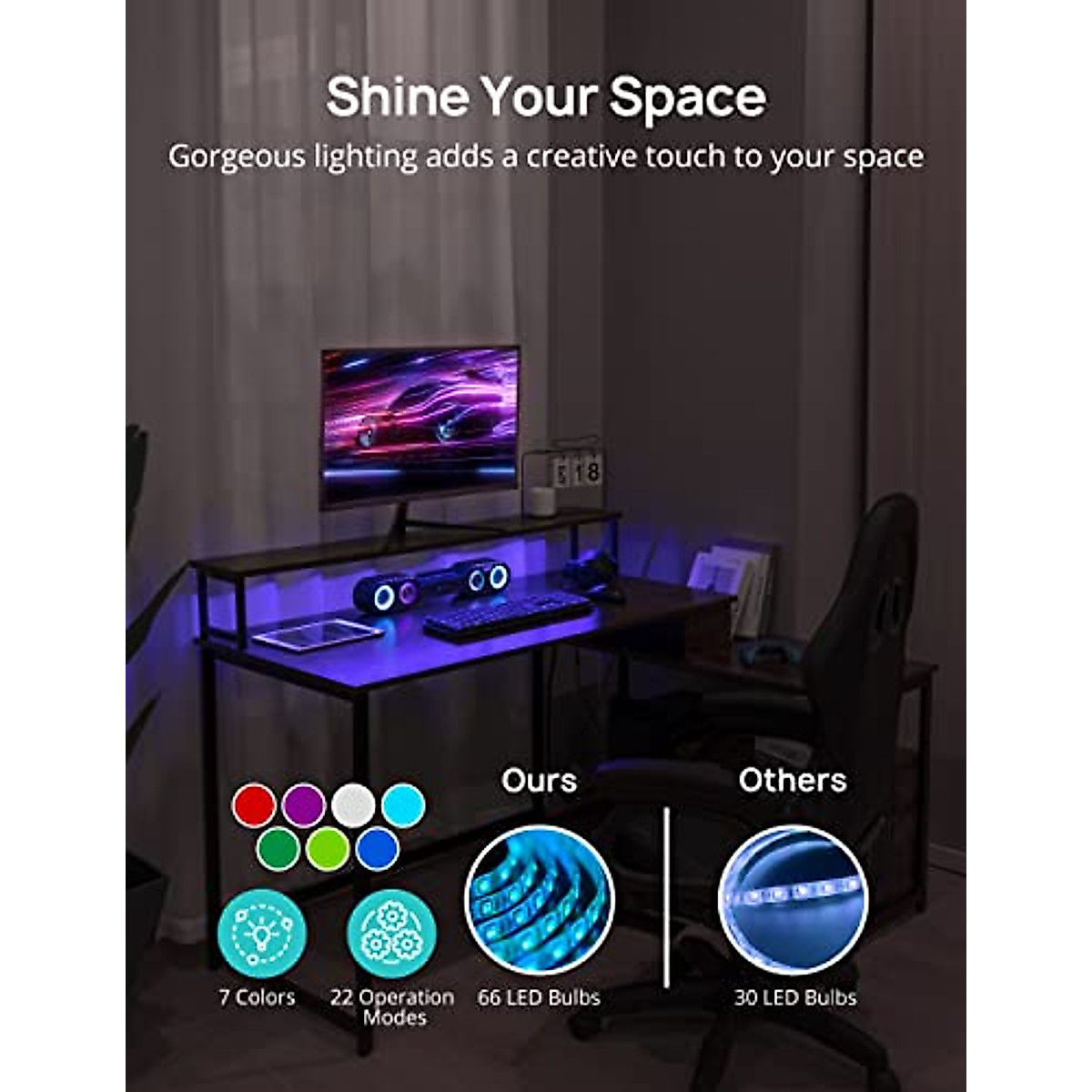 AMNOOL L Shaped Office Desk Home Office Computer Desk with Power Socket and LED Light Strip Gaming Desk with File Drawer Corner Desk with Monitor Stand and Printer Storage Rack