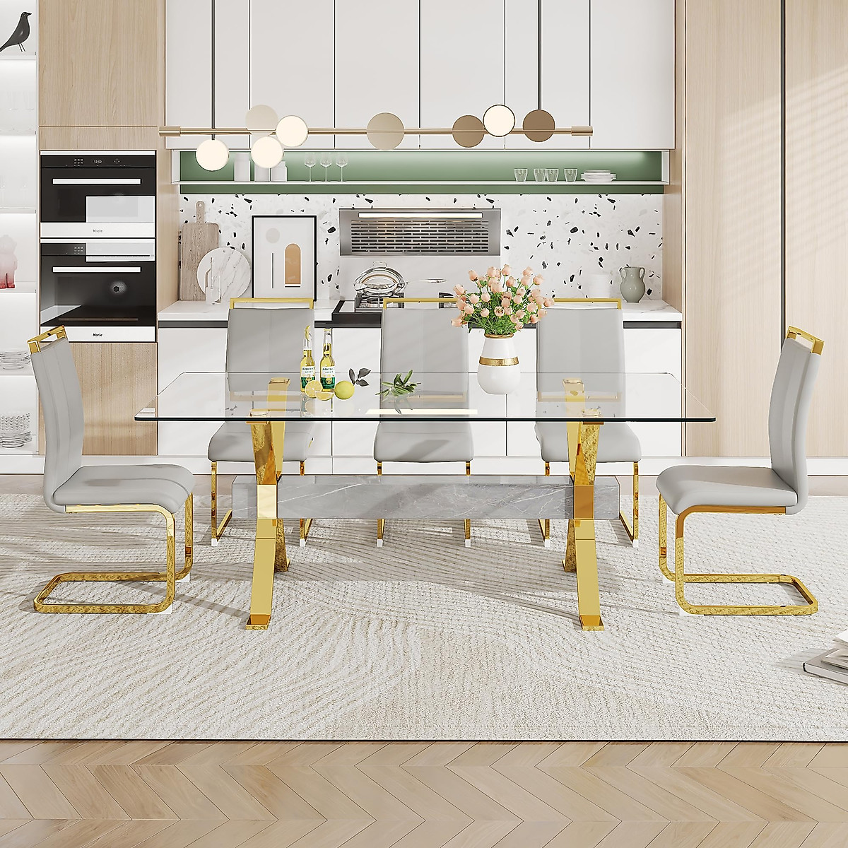 HAIZAO 79 inch Glass Dining Table Set for 8, Tempered Glass Tabletop with Golden Plated Metal Legs & Grey MDF Crossbars, PU Faux Leather Chairs with Golden Metal Legs, for Kitchen, Light Grey