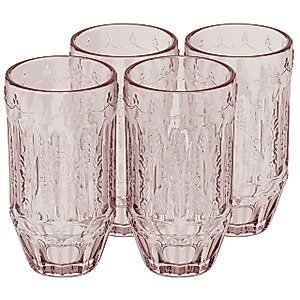 elle decor Highball Glasses | Set of 4 | Pink Colored Vintage Glassware Set | Colored Wine Tumbler | Water Cups for Party, Wedding, & Daily Use | Elegant Tom Collins Glasses (10 oz)