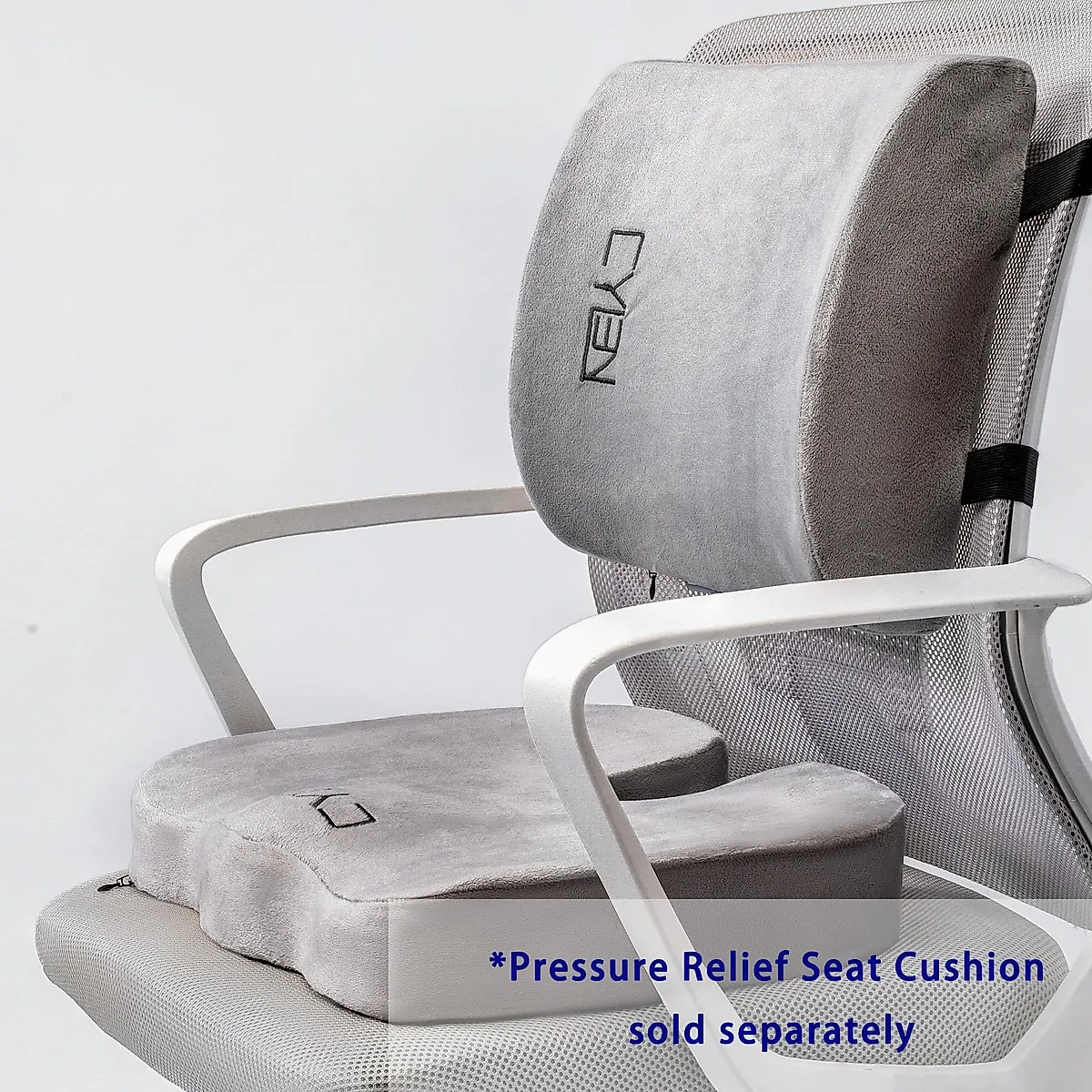 CYLEN Gel Infused Memory Foam Back Cushion Lumbar Support Pillow for Office Chair, Car & Wheelchair - Adjustable Double Strap & 3D Washable Cover (Grey)