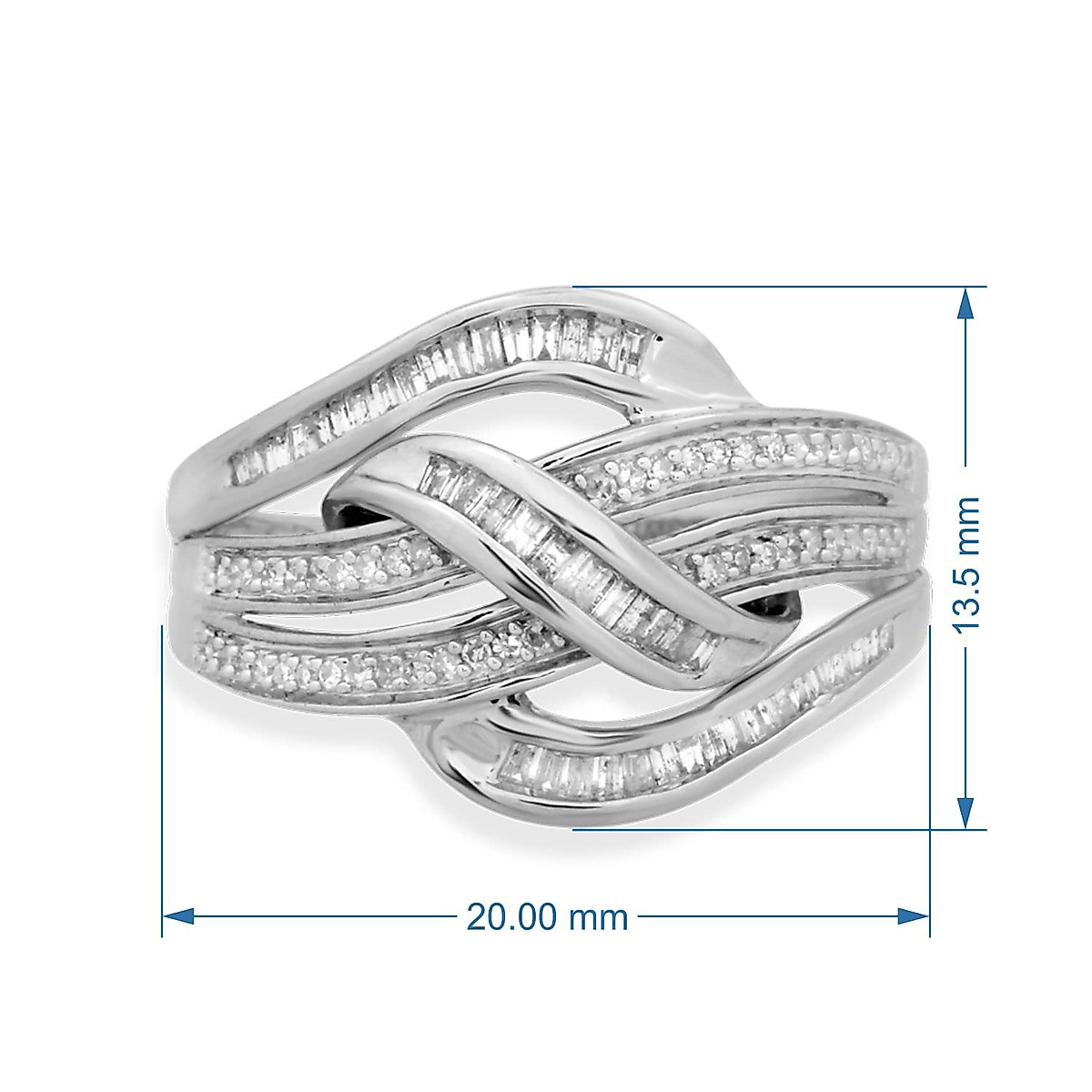 Jewelili Sterling Silver 1/3 Cttw Natural White Baguette and Round Diamond Crossover Ring, Size 7